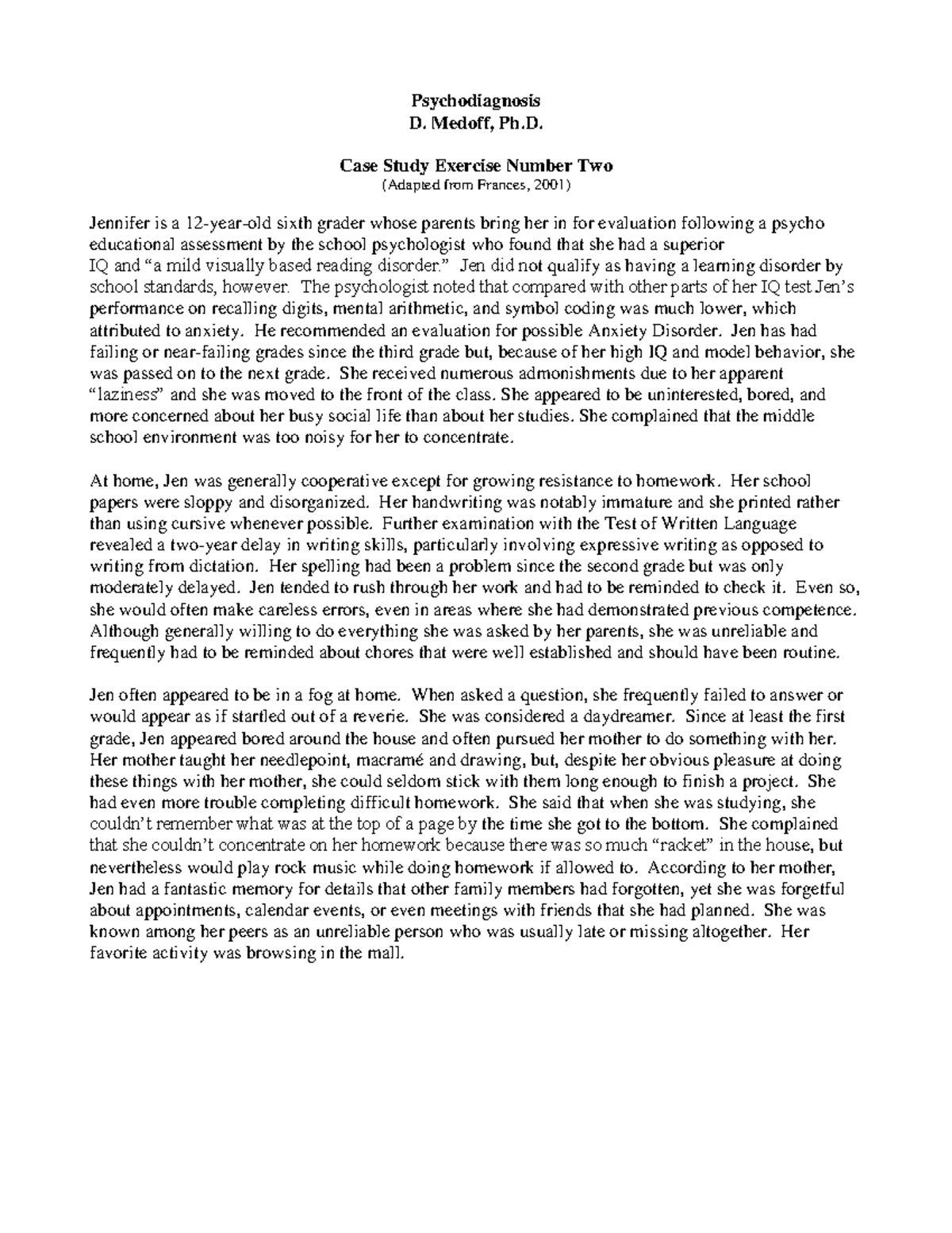 Case Study 2 Online - Psychodiagnosis D. Medoff, Ph. Case Study ...
