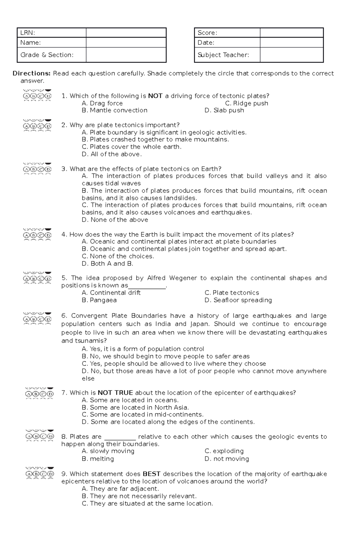 UNIT-TEST-G10 - unit test - LRN: Score: Name: Date: Grade & Section ...