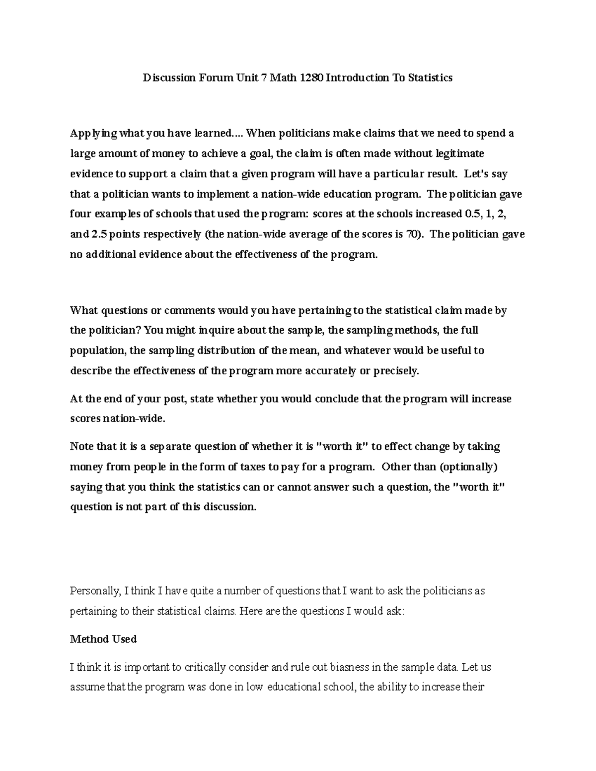 Discussion Forum Unit 7 Math 1280 Discussion Forum Unit 7 Math 1280 Introduction To Statistics