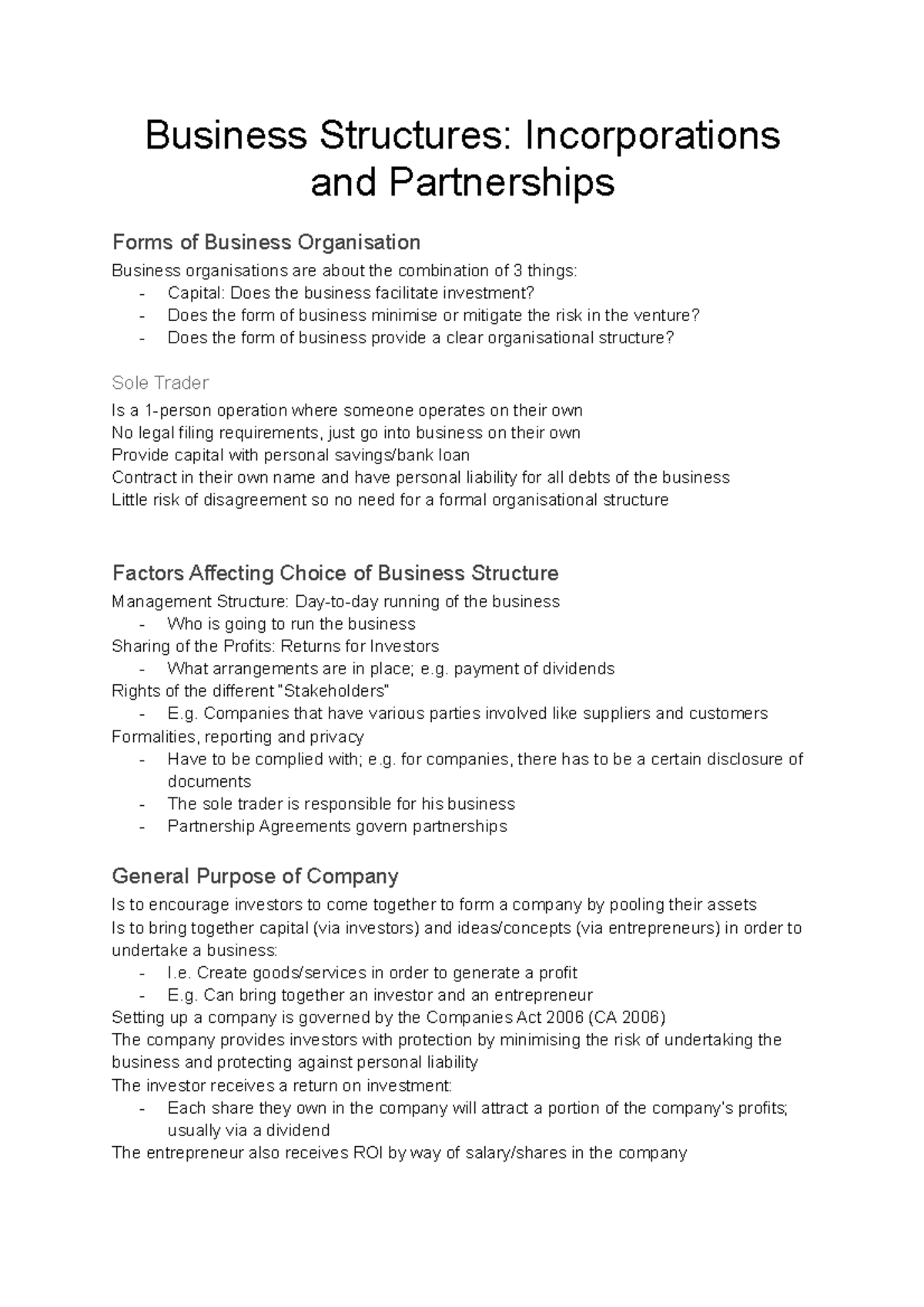 Unit 1 Notes - Business Structures: Incorporations and Partnerships ...