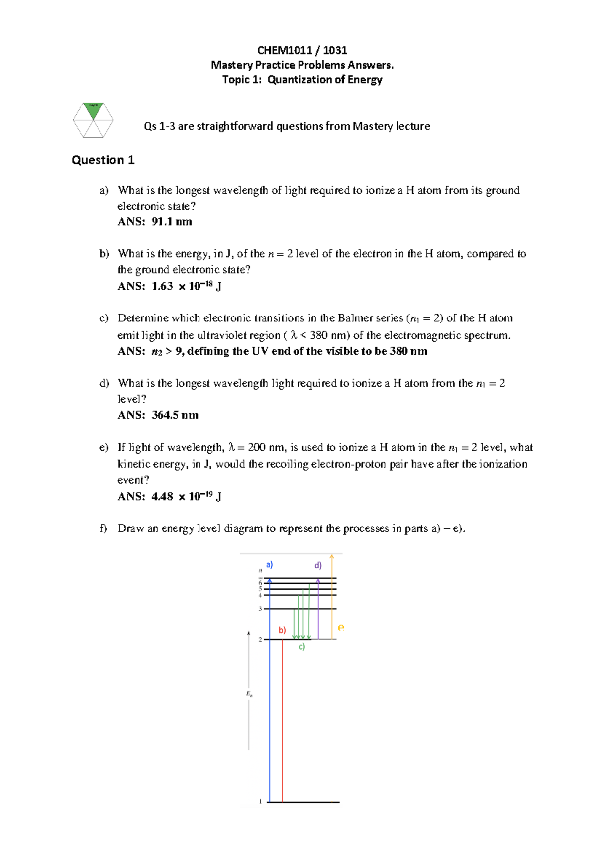 CHEM1011 Mastery Practice Answers, M1 - CHEM1011 / 1031 Mastery ...
