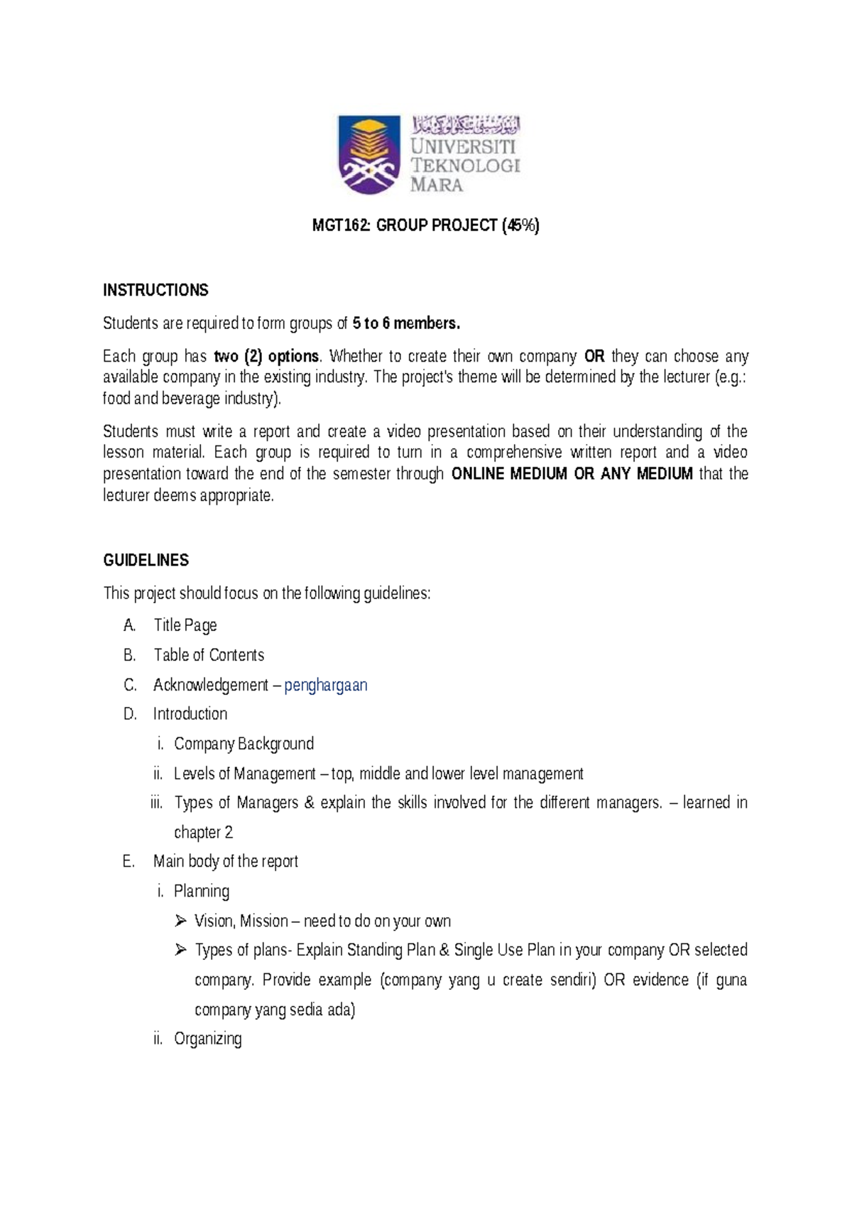 MGT162 Group Project OCT 2023 - MGT162: GROUP PROJECT (45% ...