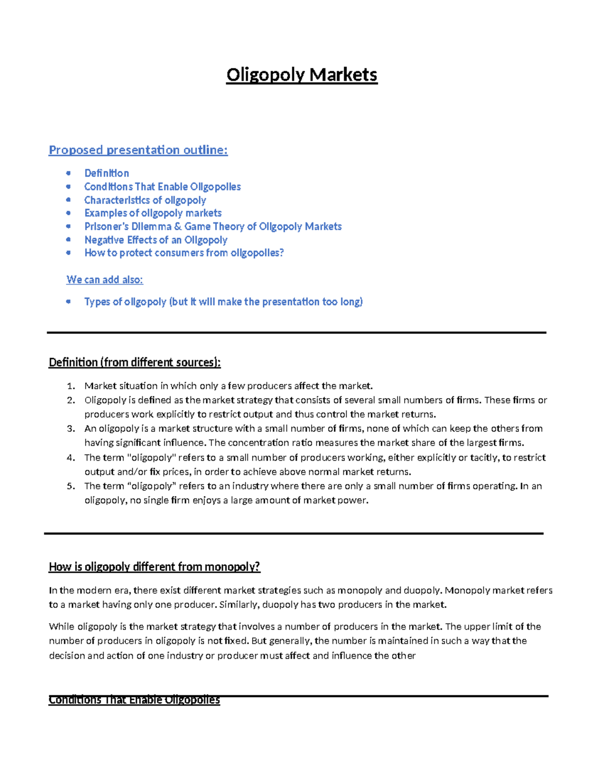Oligopoly Markets Study - Oligopoly Markets Proposed presentation ...