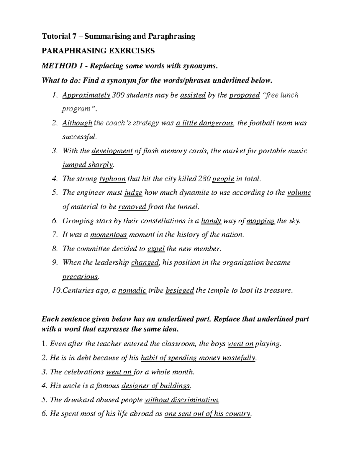 Tutorial - Summarising and Paraphrasing - Tutorial 7 – Summarising and Paraphrasing PARAPHRASING ...