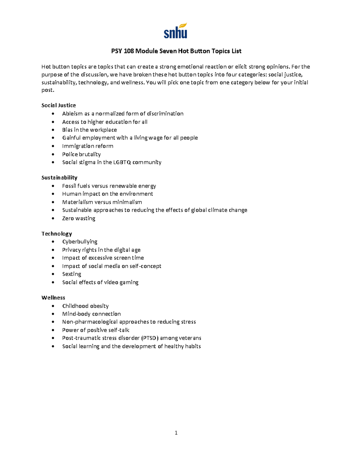 PSY 108 Module Seven Hot Button Topics List - For the purpose of the ...