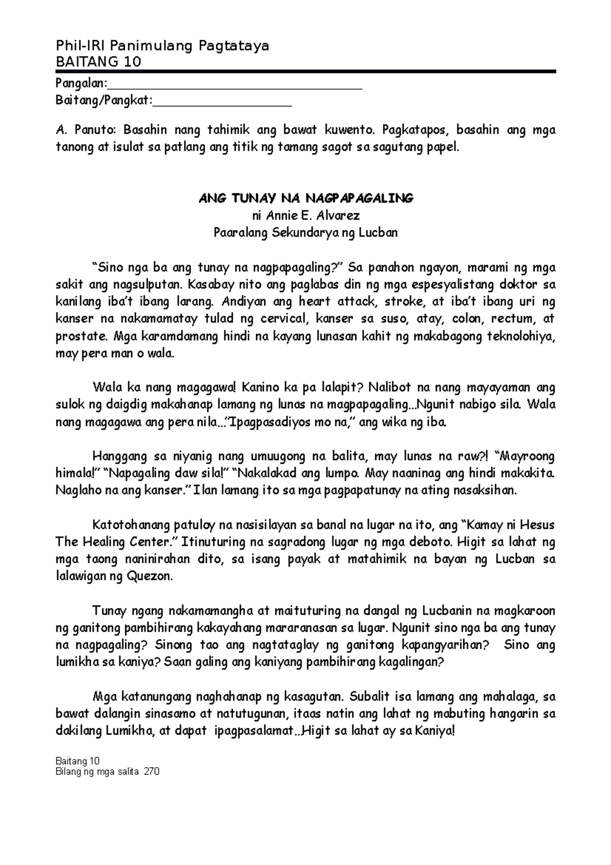 Phil Iri Pretest G10 - Pre test results sample - BAITANG 10 - Studocu