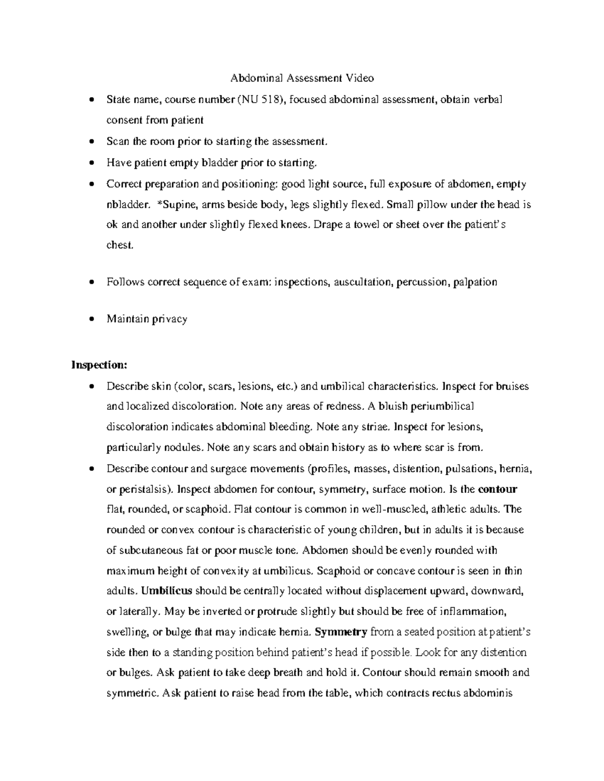 Pdfcoffee - Exams - Abdominal Assessment Video State name, course number (NU 518), focused - Studocu