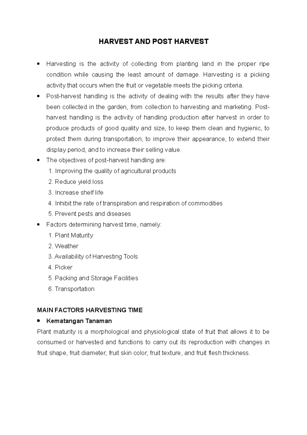 Lecture notes Harvest and post harvest - HARVEST AND POST HARVEST ...
