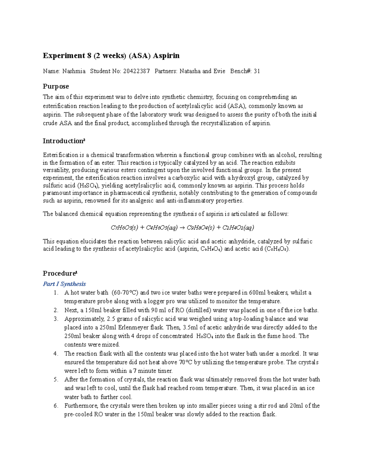 Nashmia.pdf Aspirin - Asprin Lab - Experiment 8 (2 weeks) (ASA) Aspirin ...