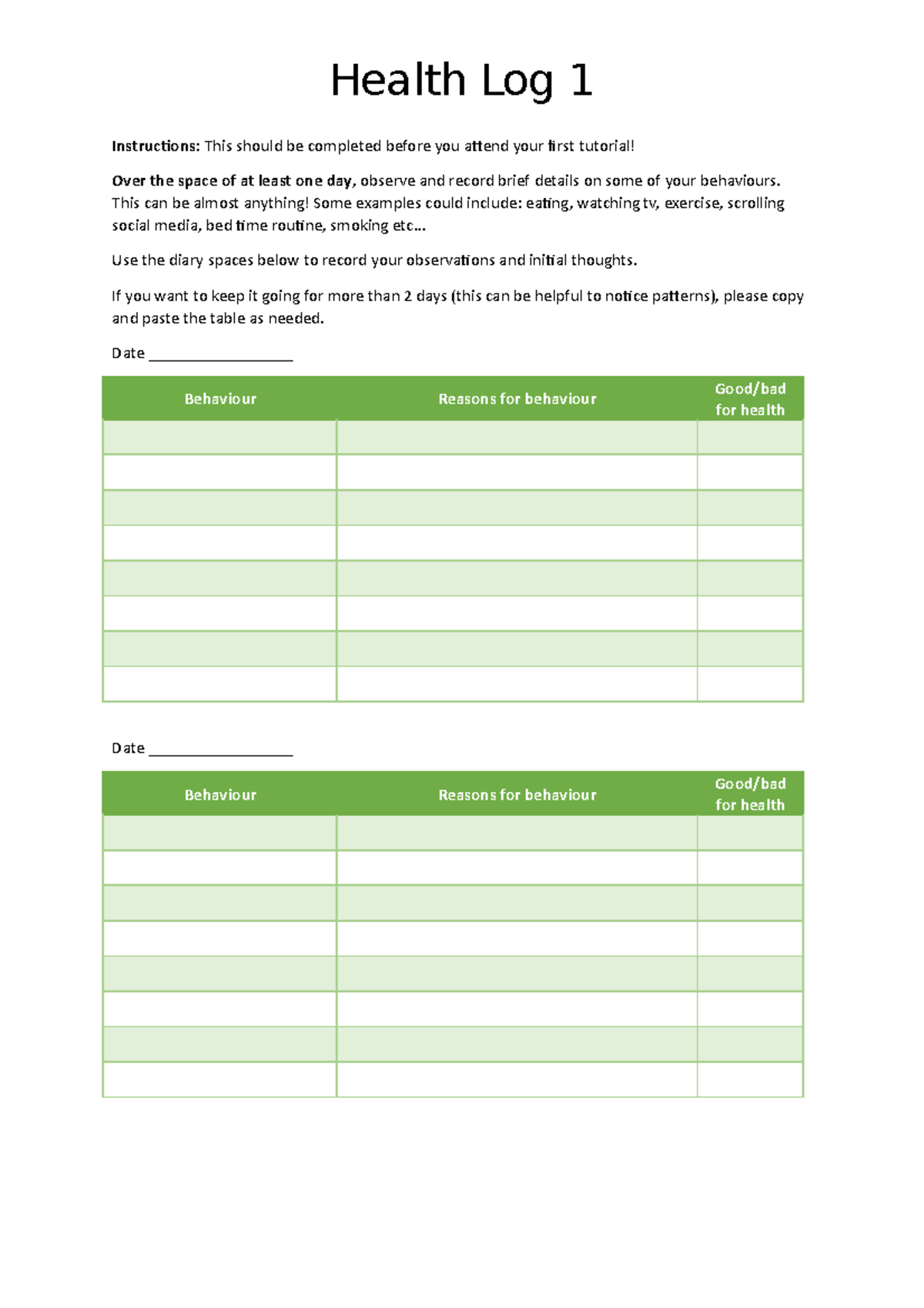 Module 2 Tutorial 1 Workbook Activity - Health Log 1 - Health Log 1 ...