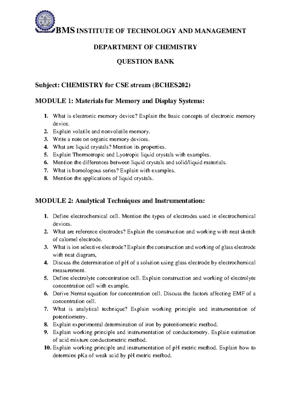 Chem Bches 202 Question Bank - BMS INSTITUTE OF TECHNOLOGY AND ...