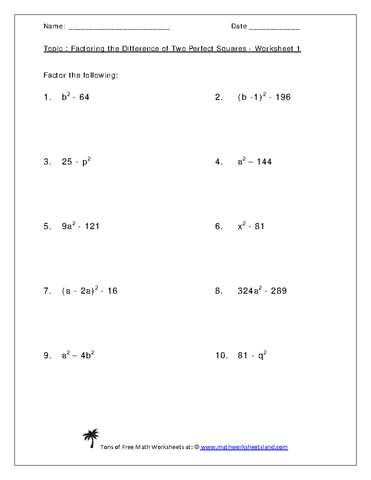 8 difference of squares worksheet - Topic : Fact oring t he Difference ...