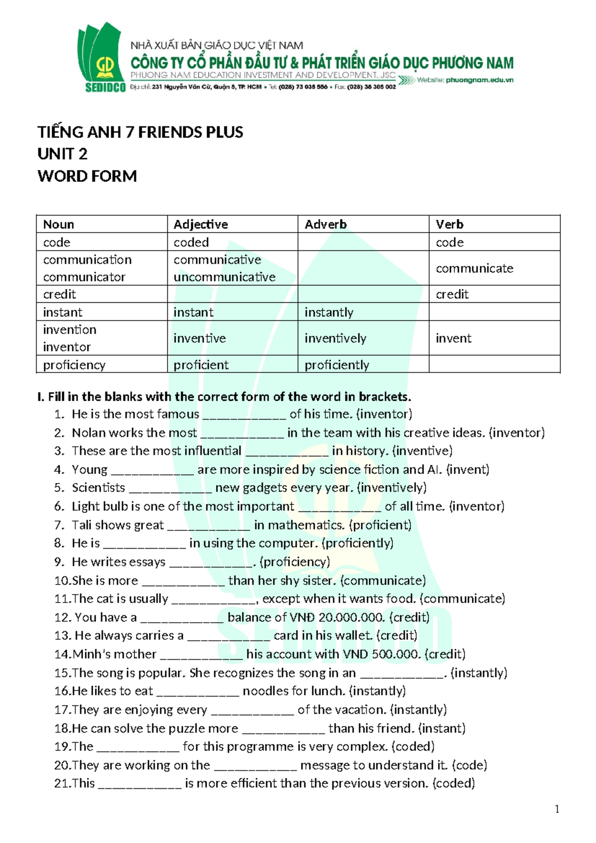 Tiếng Anh 7 Friends Plus Word Form Unit 2 - TIẾNG ANH 7 FRIENDS PLUS ...