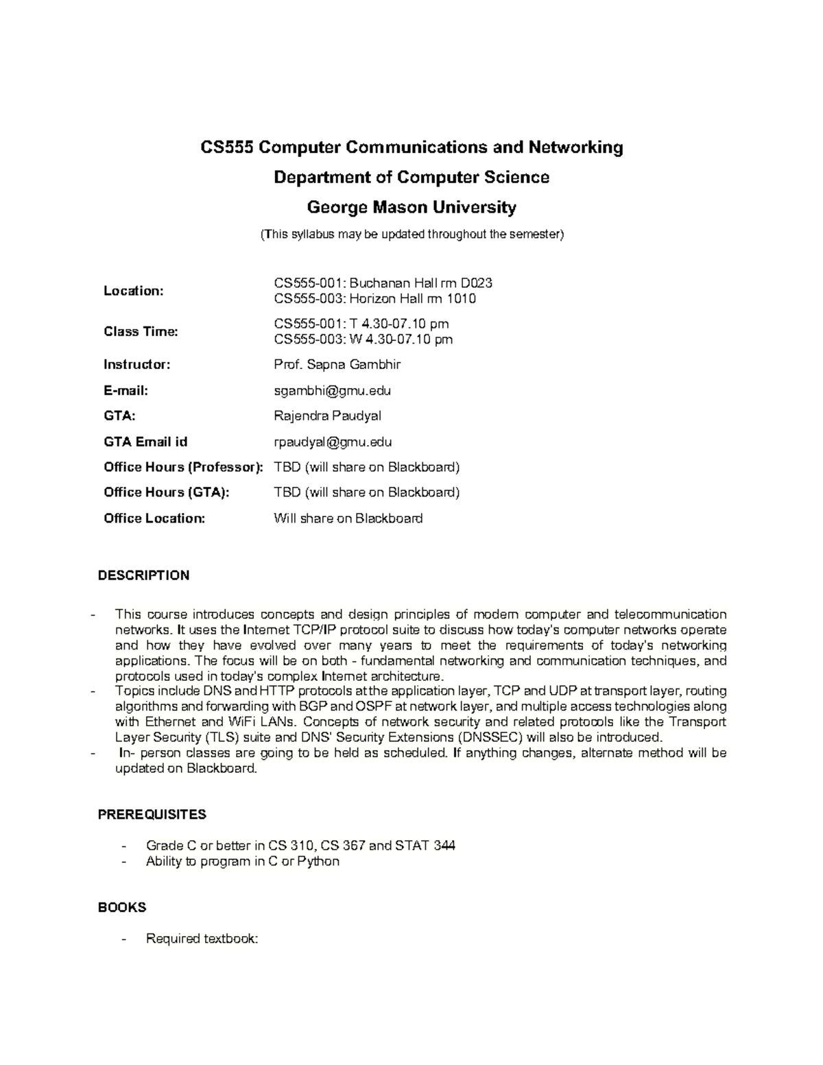 Cs 555 Syllabus Cs 555 Cs555 Computer Communications And Networking Department Of Computer