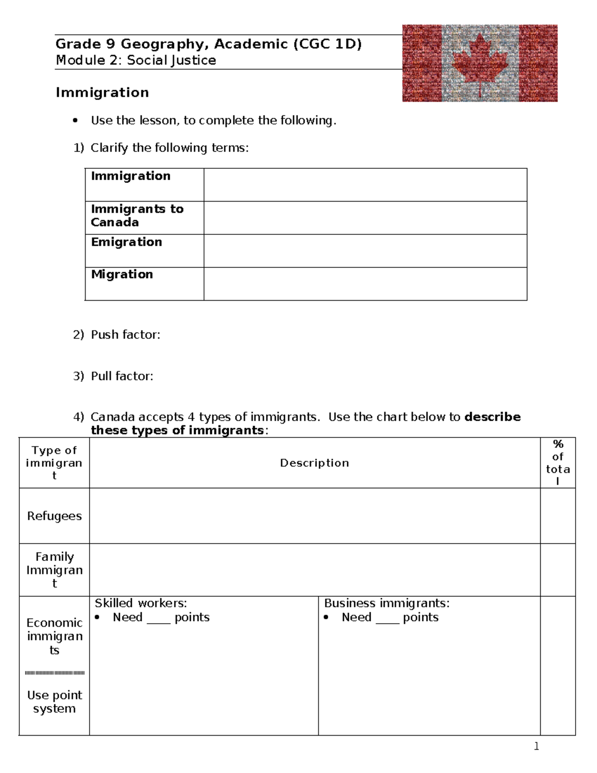 Lesson 29 immigration worksheet - Grade 9 Geography, Academic (CGC 1D ...