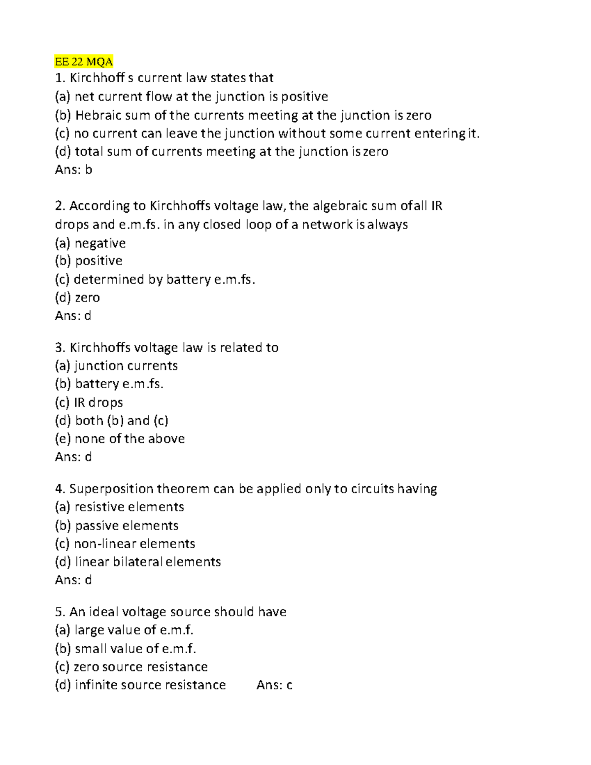 EE 501 Electrical Engineering Reviewer - EE 22 MQA 1. Kirchhoff s ...