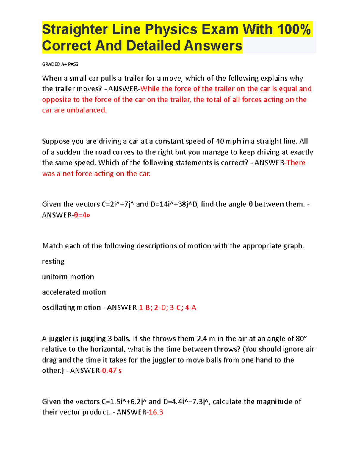 Science - Straighter Line Physics Exam With 100% Correct And Detailed ...