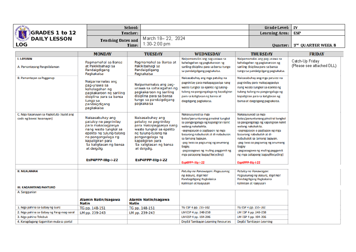 DLL ESP 4 Q3 W8 - aaaa - GRADES 1 to 12 DAILY LESSON LOG School: Grade ...