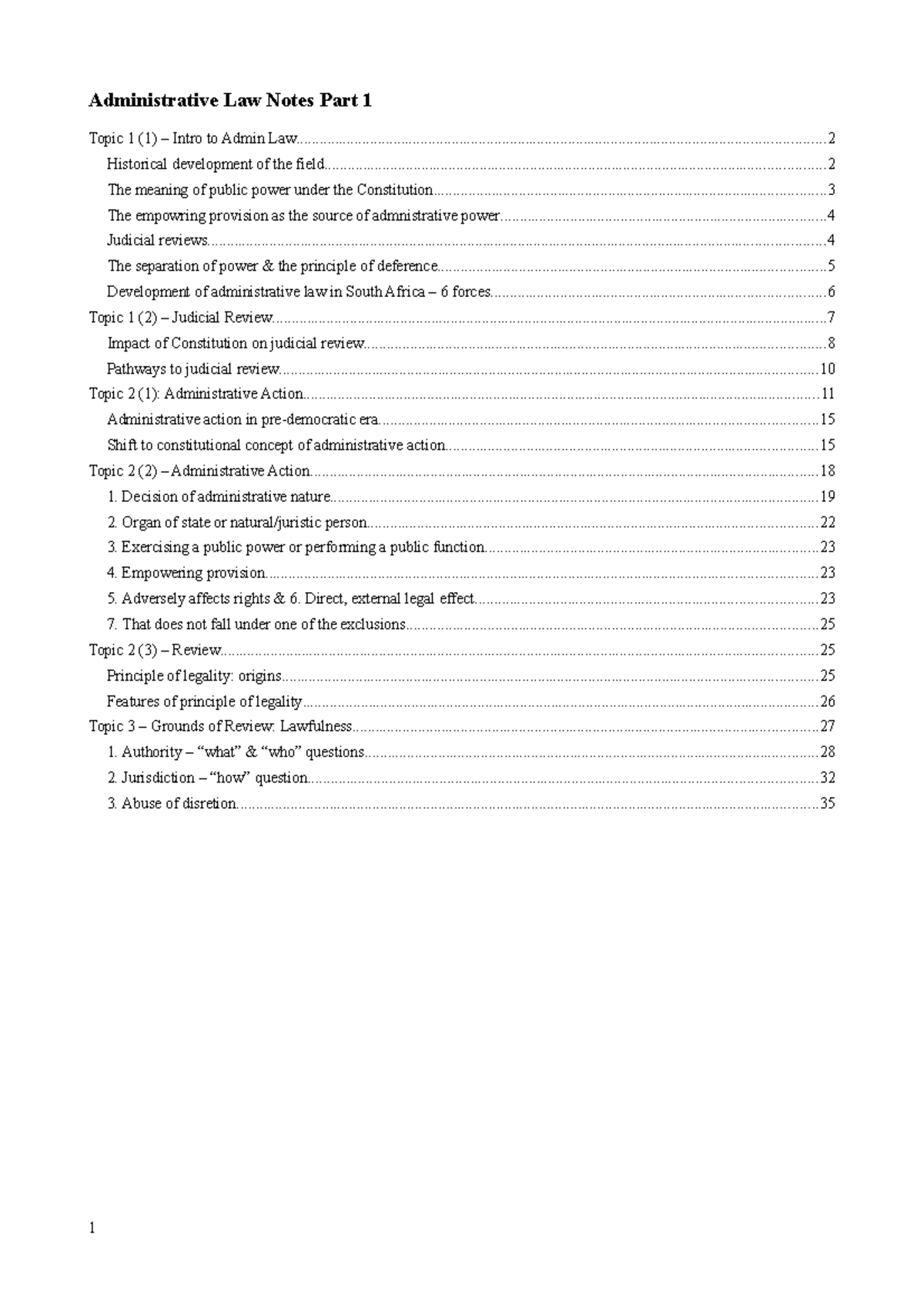 Admin Notes Part 1 - N/A - Administrative Law Notes Part Topic 1 (1 ...