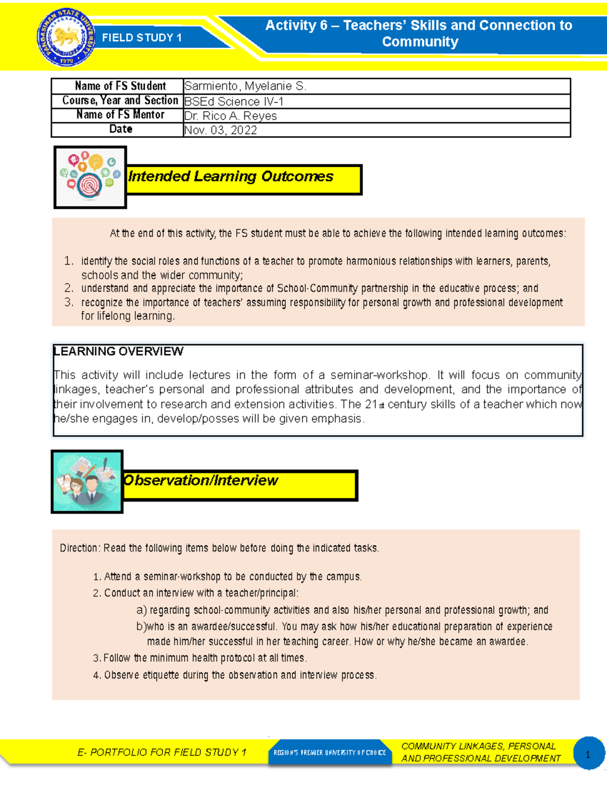 Activity 6 Sarmiento Myelanie BSEd-Science - Intended Learning Outcomes LEARNING OVERVIEW This ...