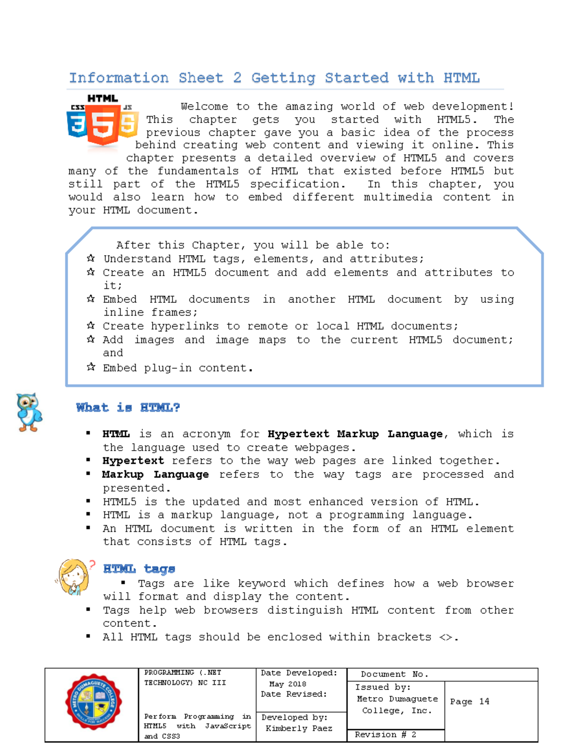 Chapter II Getting Started with HTML - PROGRAMMING (.NET TECHNOLOGY) NC III Perform Programming ...