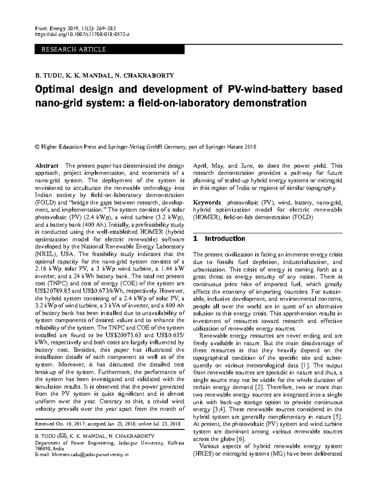 Optimal design and development of PV-wind-battery based nano-grid ...