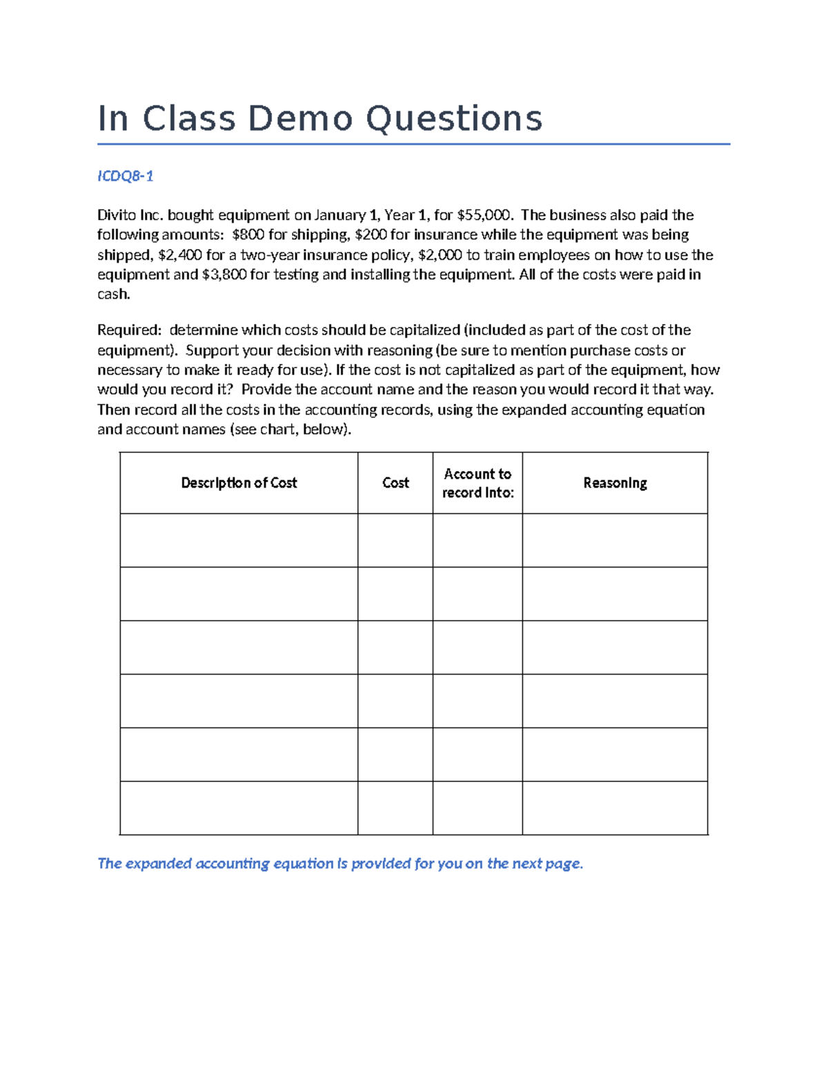 Chapter 8 - In Class Demo Questions - W2023 - In Class Demo Questions ICDQ8- Divito Inc. bought ...