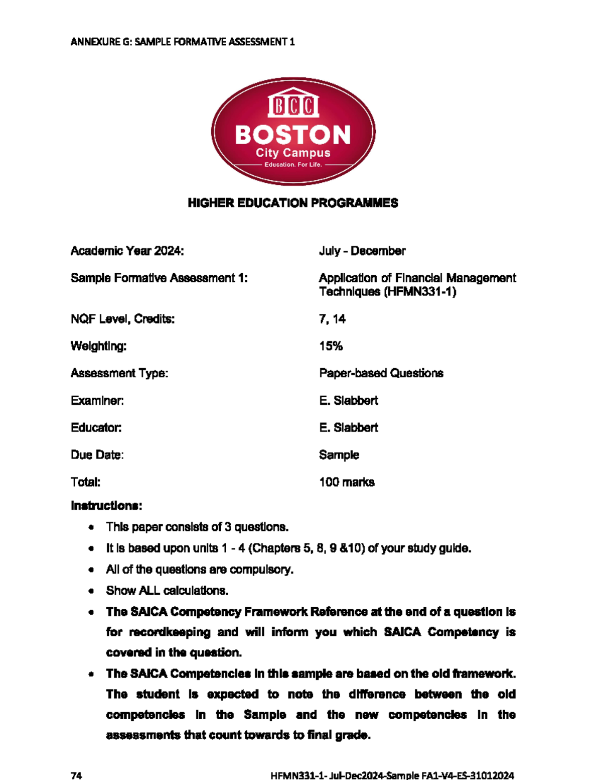 FA1 HFMN331-1 Sample - ANNEXURE G: SAMPLE FORMATIVE ASSESSMENT 1 BCC ...
