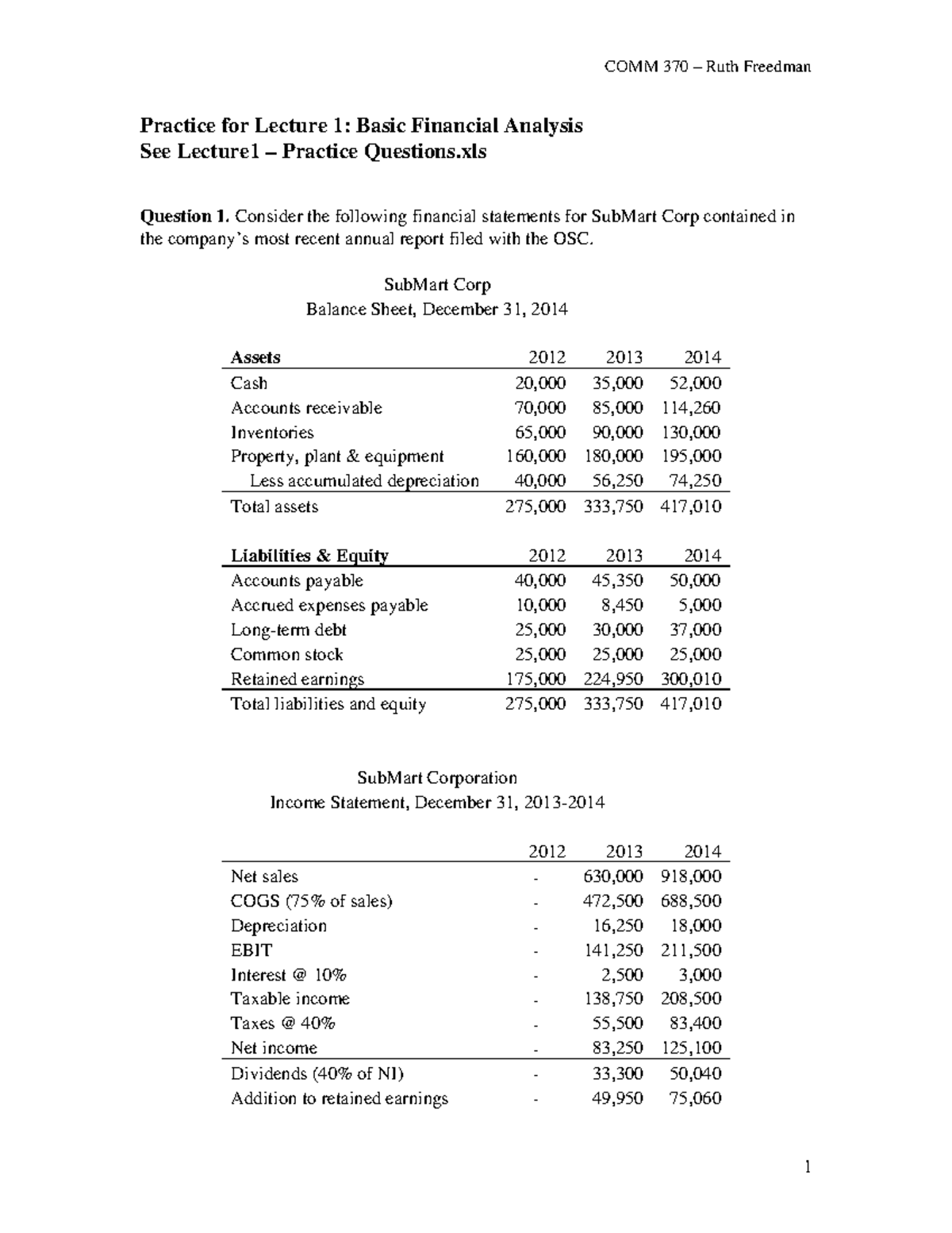 Practice for lecture 1 - Basic Financial Analysis questions + solutions ...
