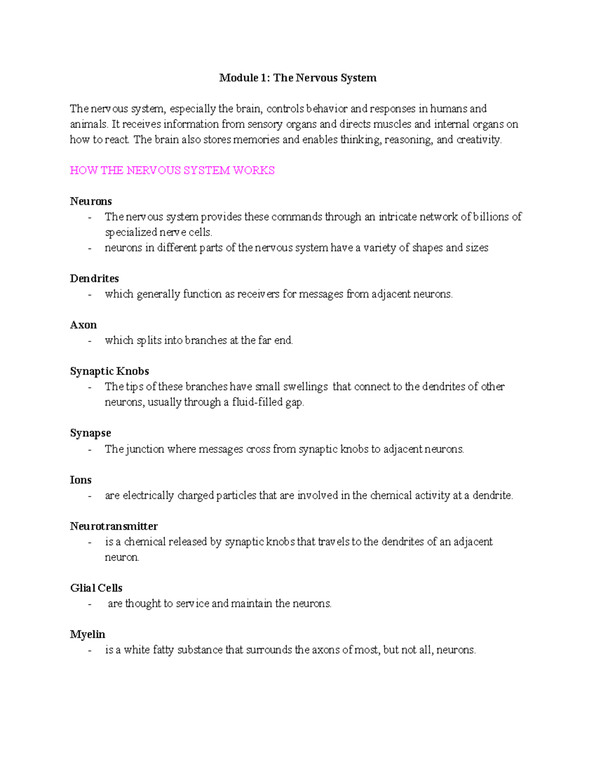 Module 1 The Nervous System - Module 1: The Nervous System The nervous system, especially the ...