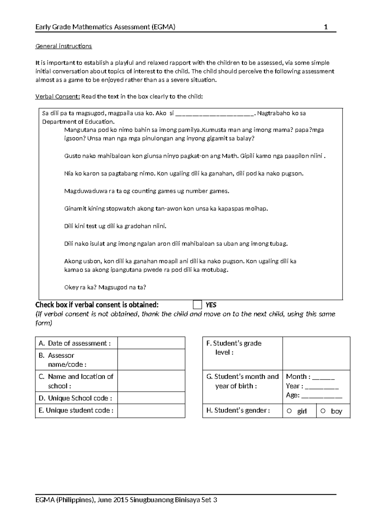 Teaching Guide for Conducting EGMA Grade 3 - General instructions It is ...