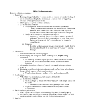 lecture 5 notes - MGAC10 Lecture 5 Notes Cas 315 and internal control ...