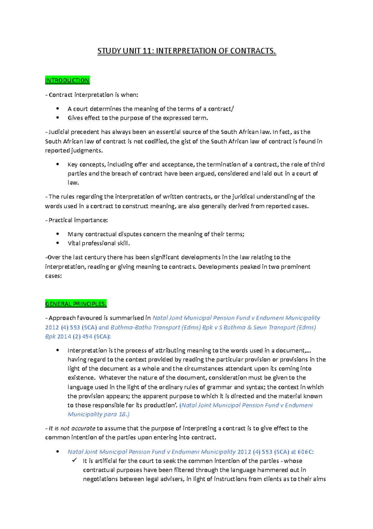 IURI 373 Study UNIT 11 AND 12 - STUDY UNIT 11: INTERPRETATION OF CONTRACTS. INTRODUCTION ...