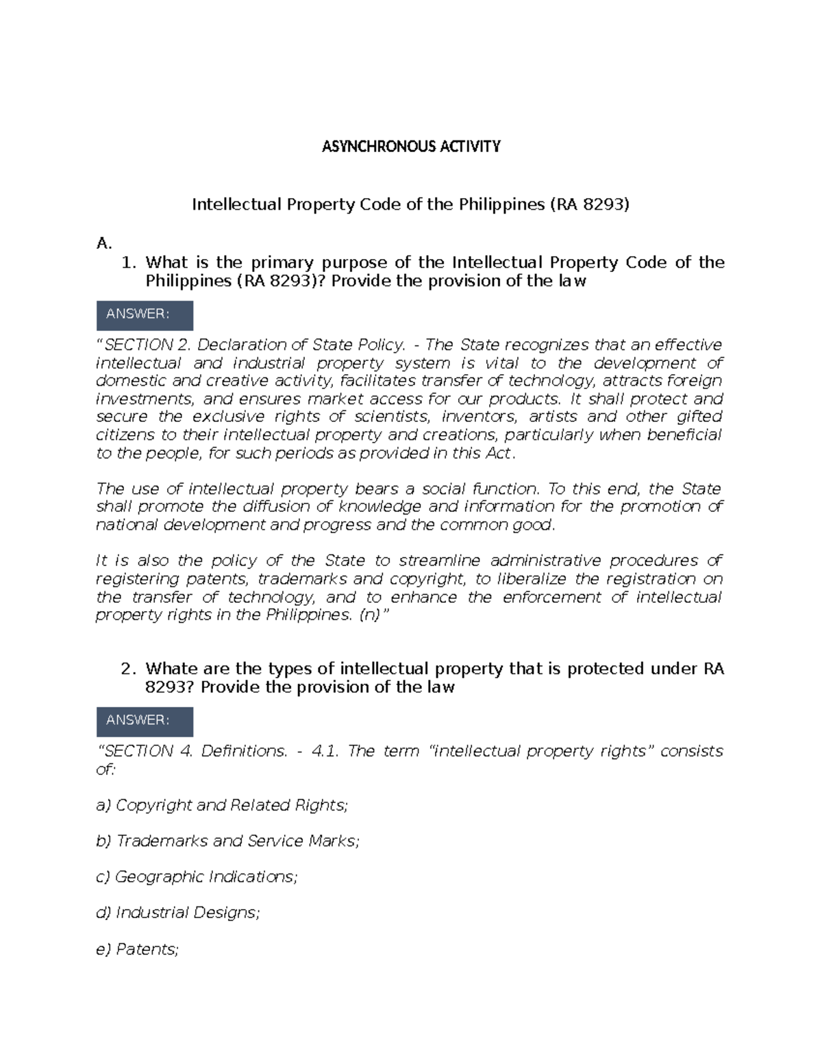 Async Act 1 - ASYNCHRONOUS ACTIVITY Intellectual Property Code of the Philippines (RA 8293) A ...