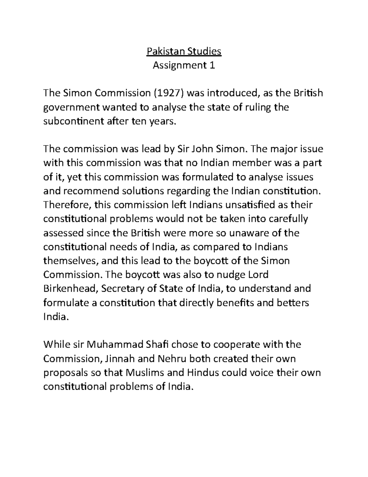 Pak studies Assignment 1 - Pakistan Studies Assignment 1 The Simon ...