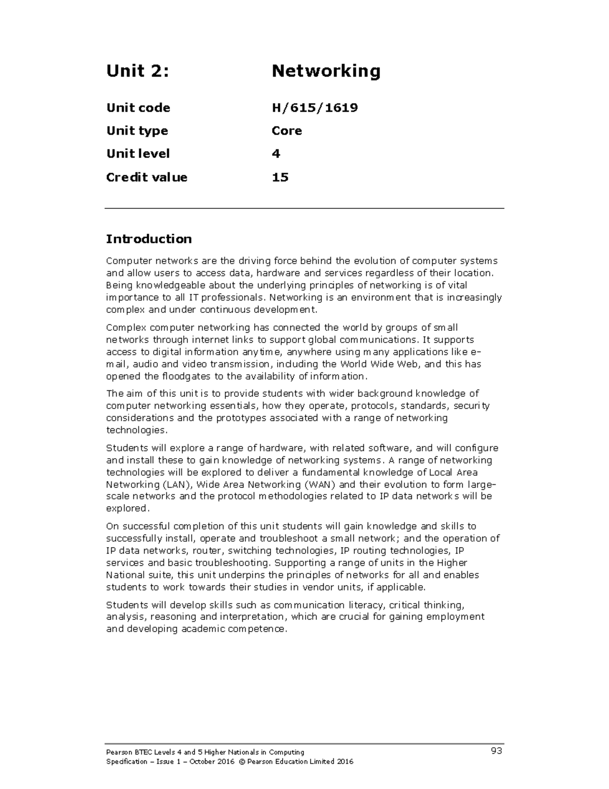 Networking UD - 3HDUVRQ7(&/HYHOVDQG+LJKHU1DWLRQDOVLQ&RPSXWLQJ 8QLW ...