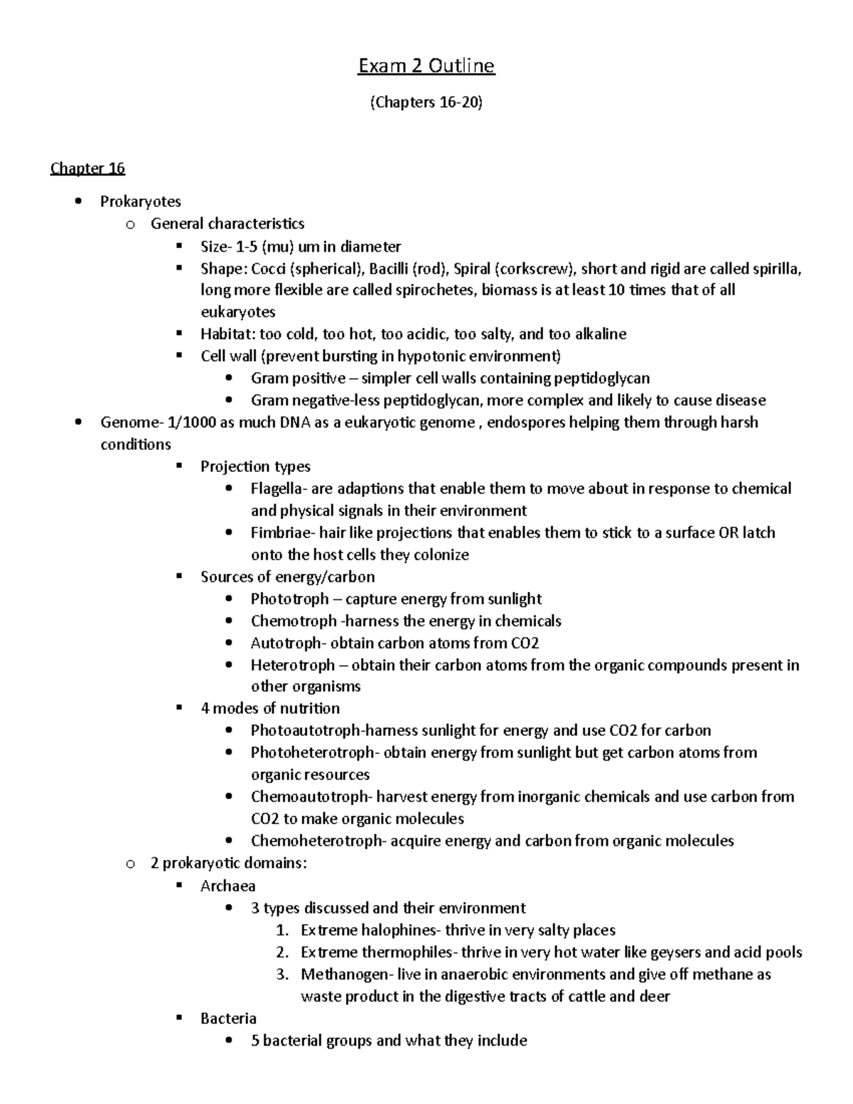 Exam 2 Outline - Exam 2 Outline (Chapters 16-20) Chapter 16 Prokaryotes ...