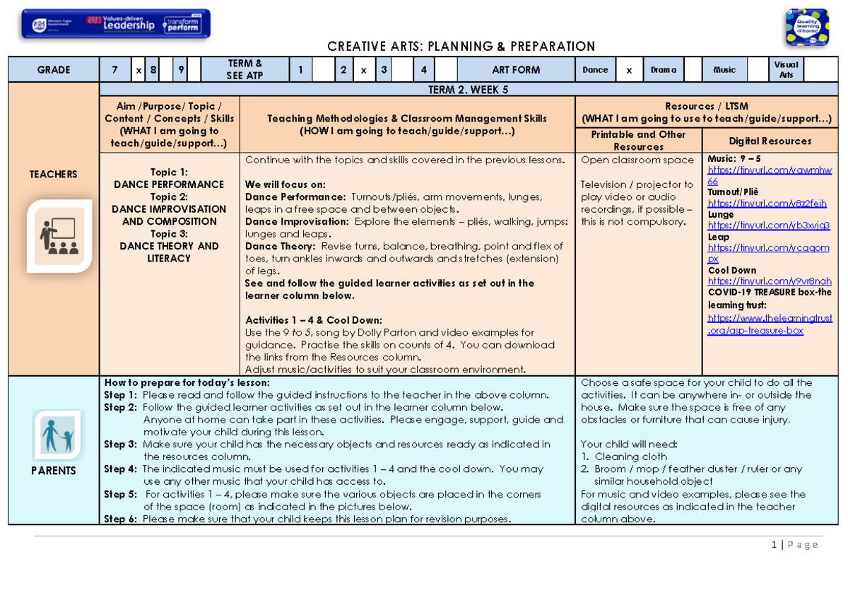 Lesson Plan Gr 7 Creative Arts Dance T2 W5 - CREATIVE ARTS: PLANNING ...