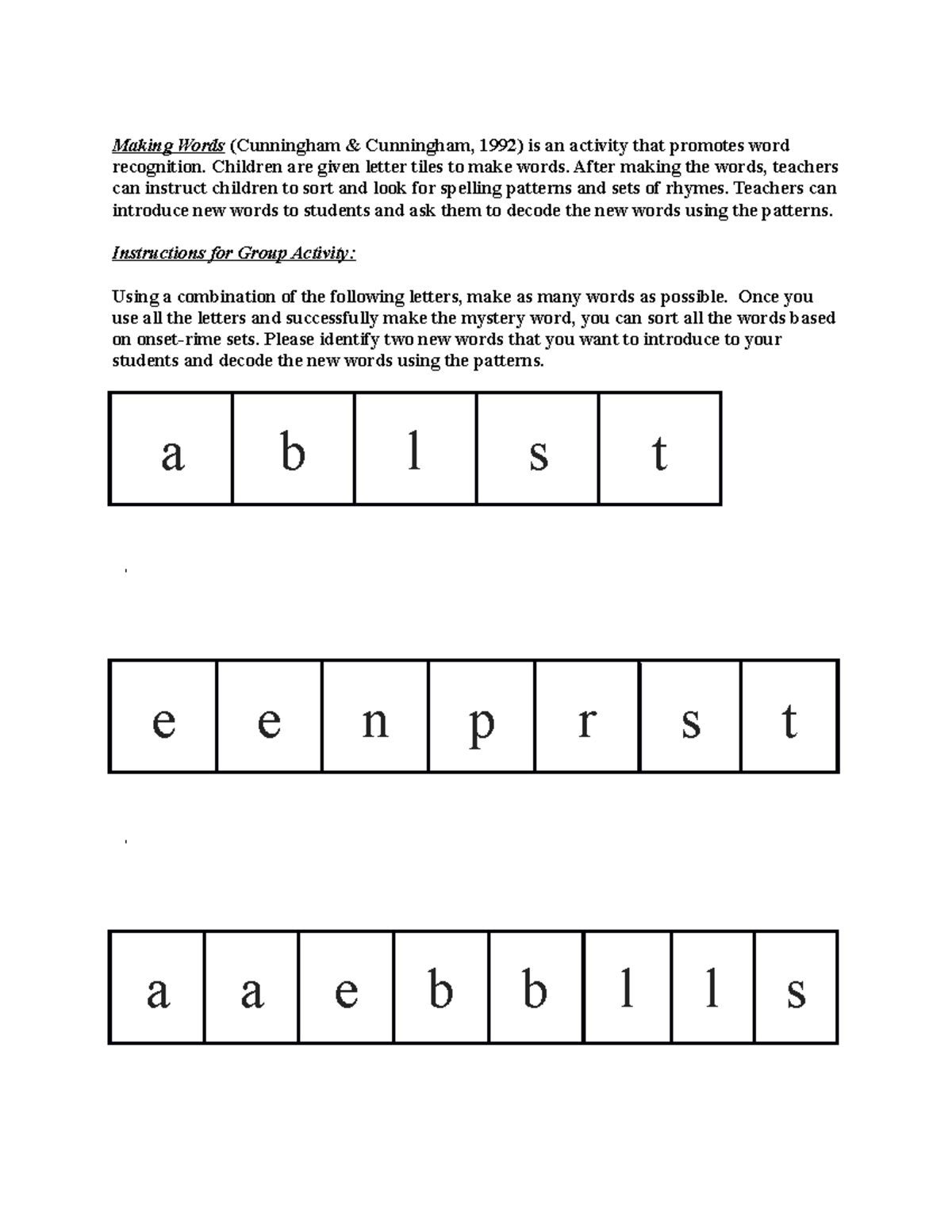 021820 Making Words activity sheets - Making Words (Cunningham ...