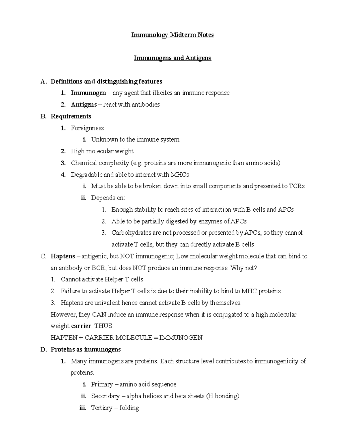 Immunology Midterm Notes - Immunology Midterm Notes Immunogens and ...