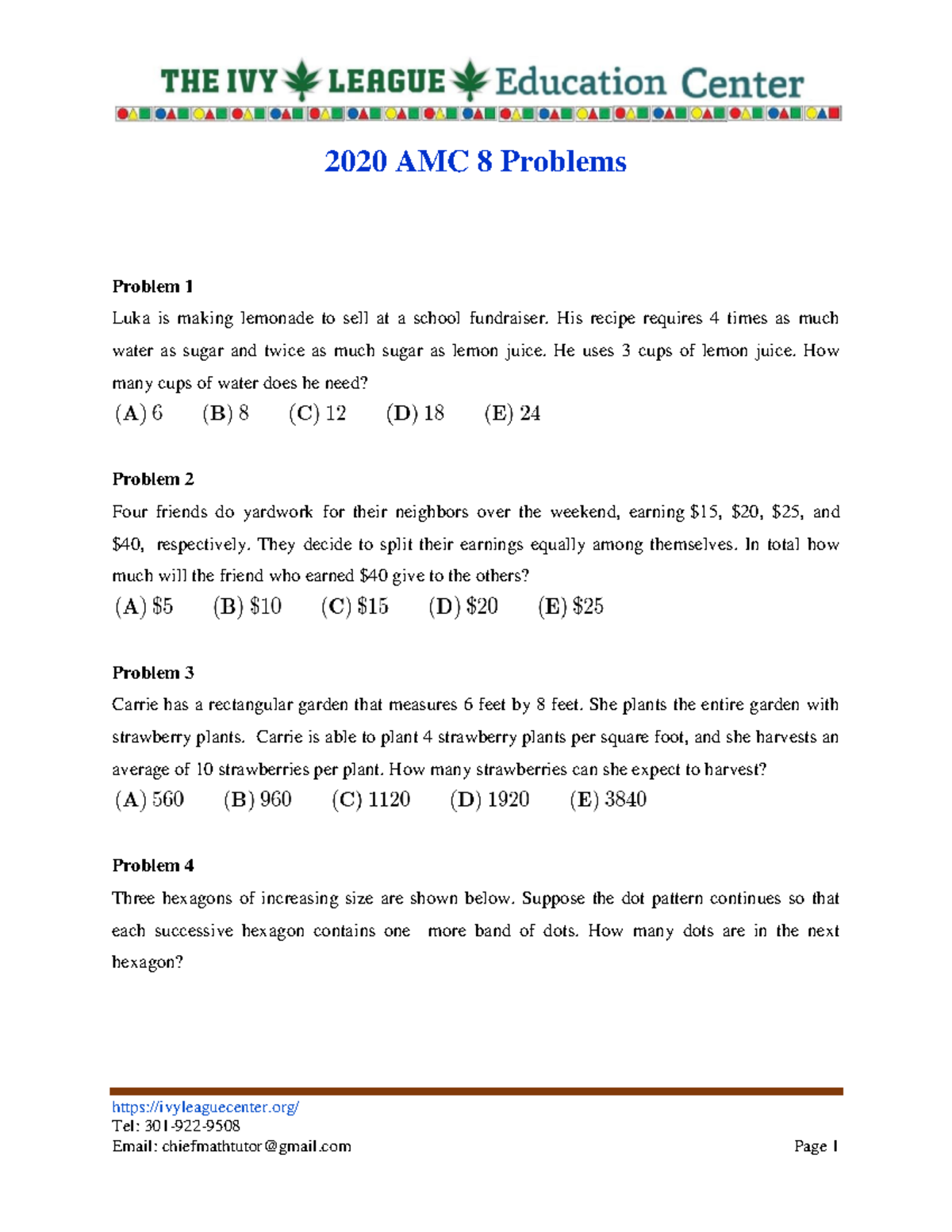 2020 amc 8 problems and answers 1 - ivyleaguecenter/ Tel: 301-922- 2020 ...