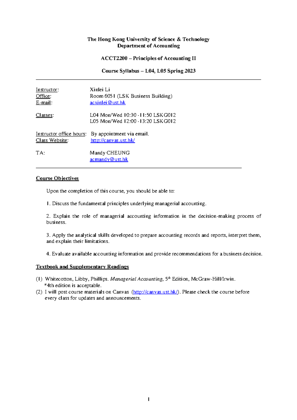 ACCT 2200 Syllabus 2023 Spring Final - 1 The Hong Kong University of Science & Technology - Studocu