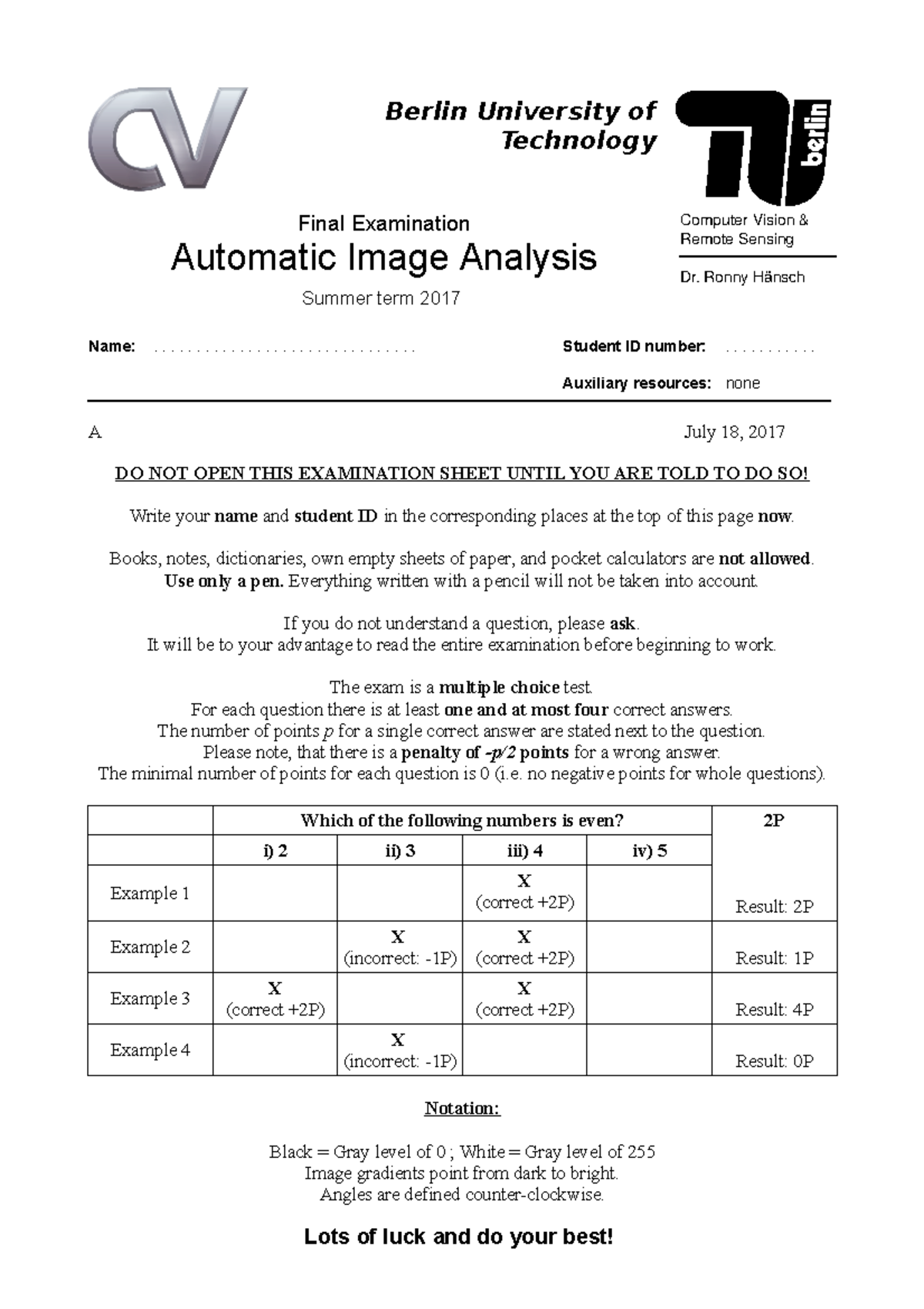 Automatic Image Analysis ST17 A - Berlin University of Technology ...