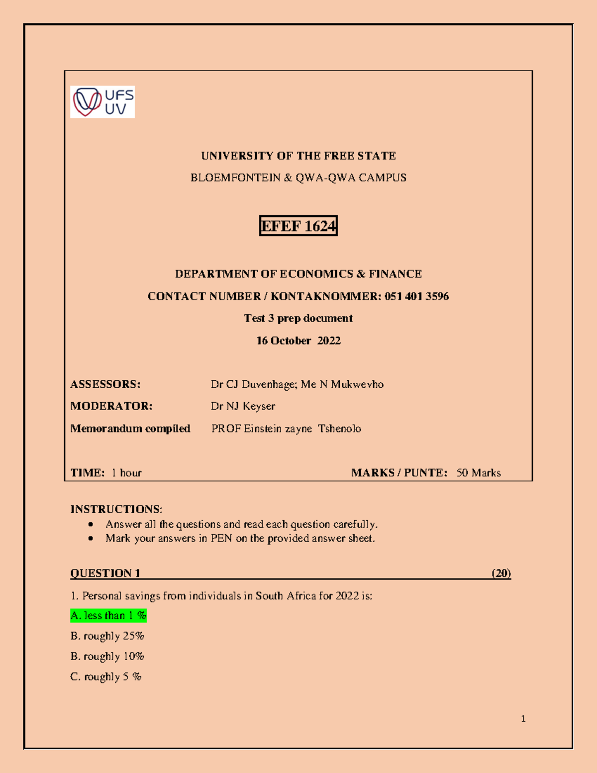 TEST II PREP - practice past papers - UNIVERSITY OF THE FREE STATE ...