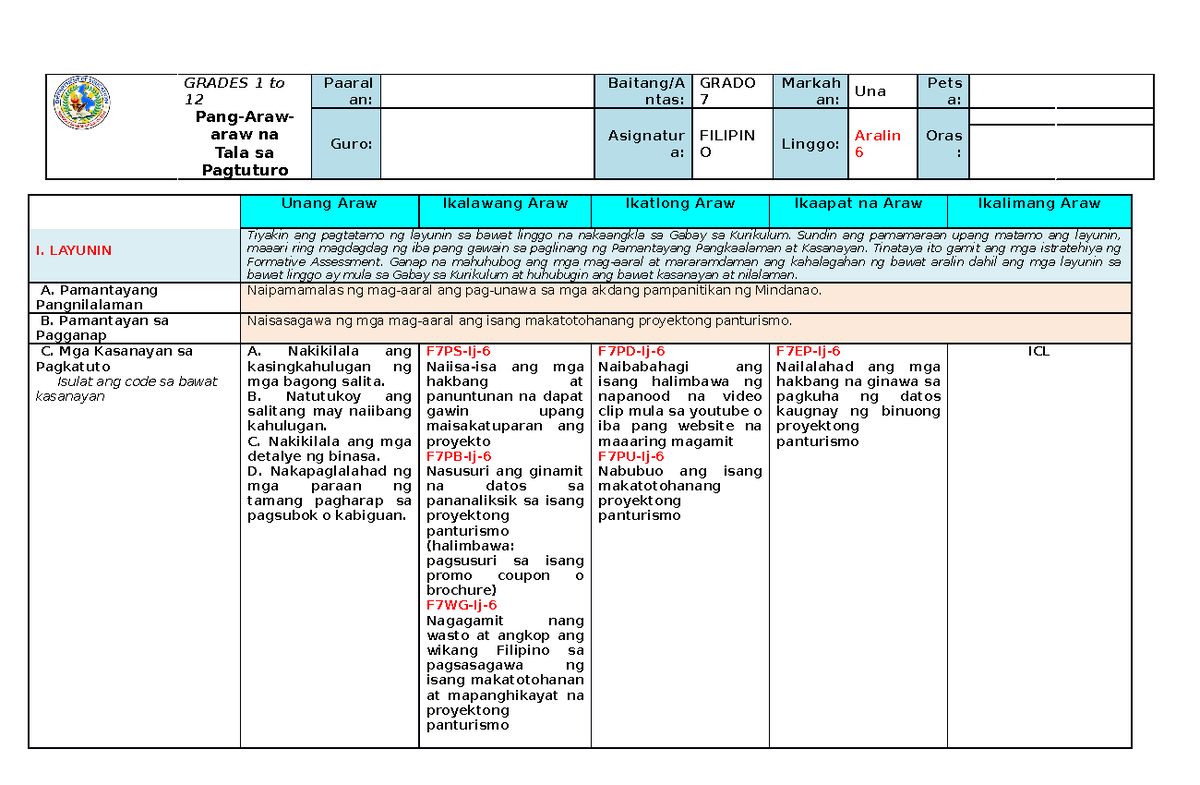 Aralin 1 - dlp in filipino - GRADES 1 to 12 Pang-Araw- araw na Tala sa Pagtuturo Paaral an ...