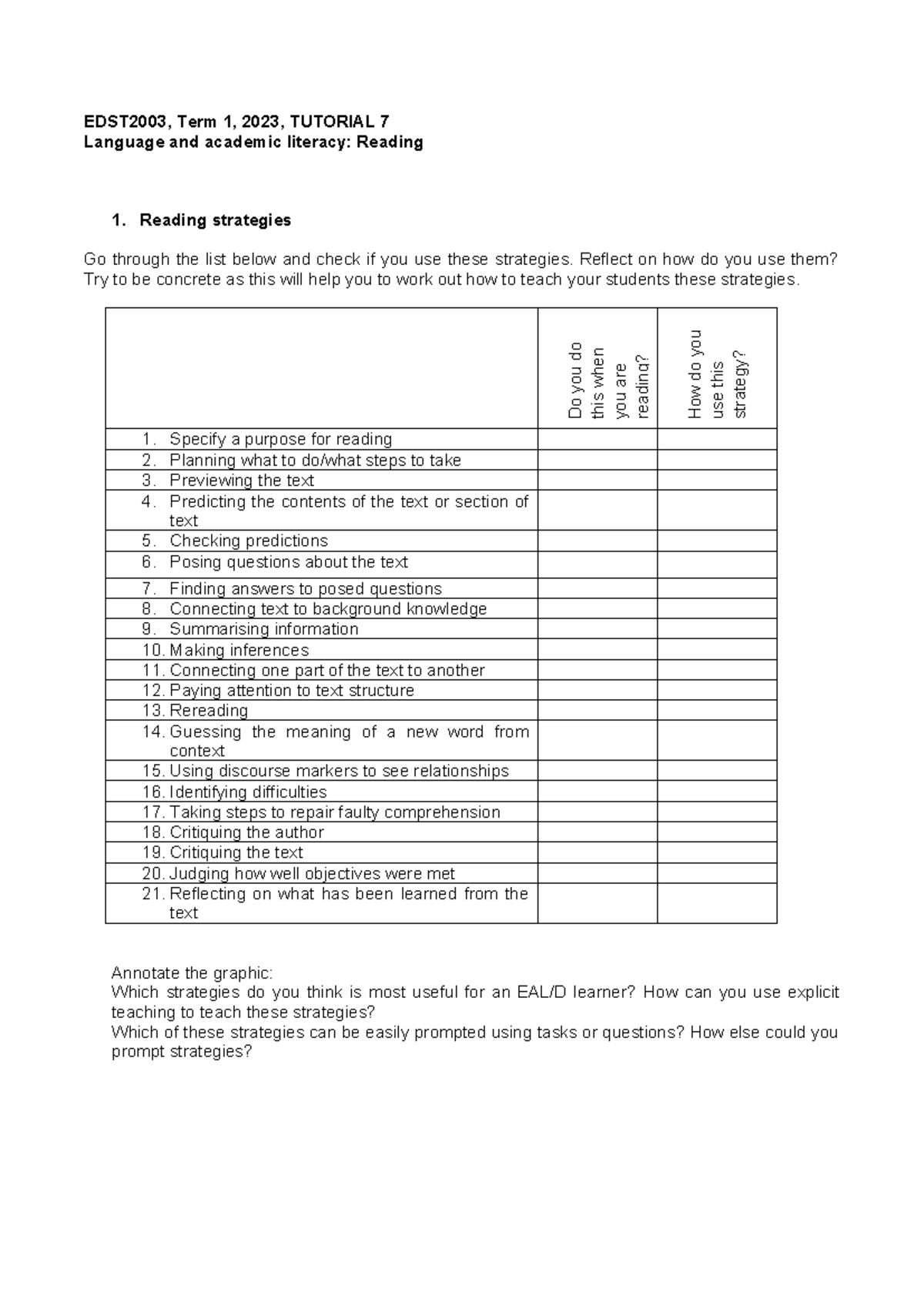 Week 7 tutorial handout. 2023 - EDST2003, Term 1, 2023, TUTORIAL 7 Language and academic ...
