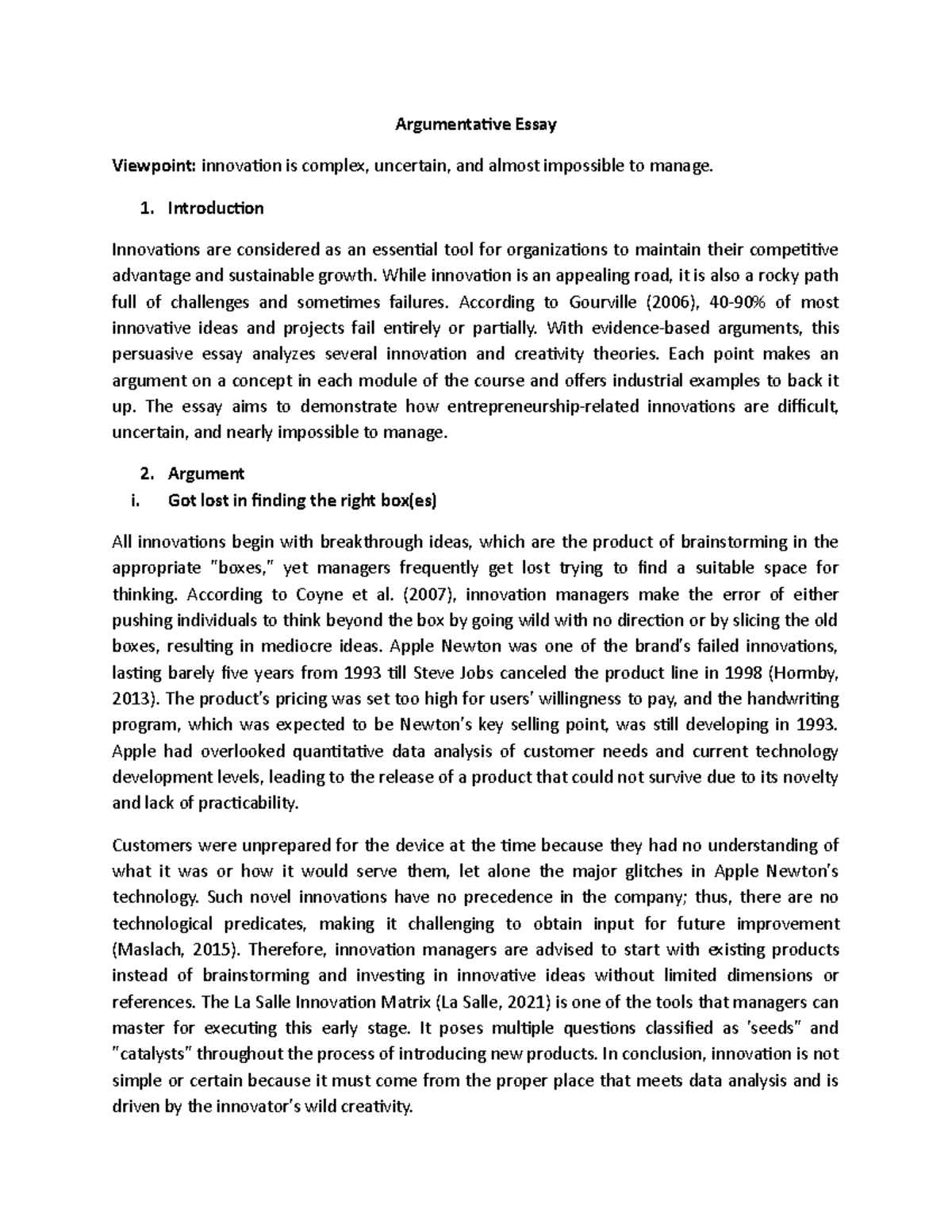 Innovation Management - Ass1 - Argumentative Essay Viewpoint ...