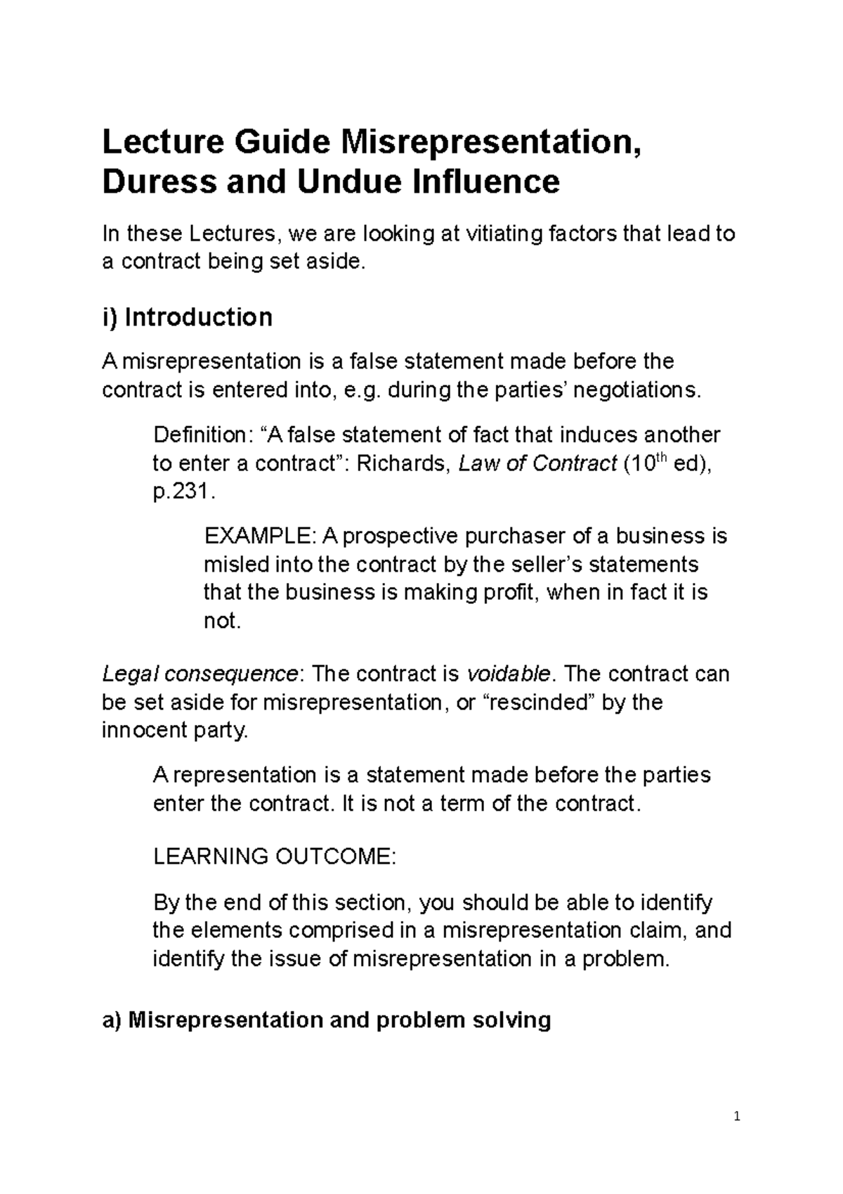 000000 Contract T4 Lecture Guide Misrepresentation, Duress and Undue Influence - Lecture Guide ...