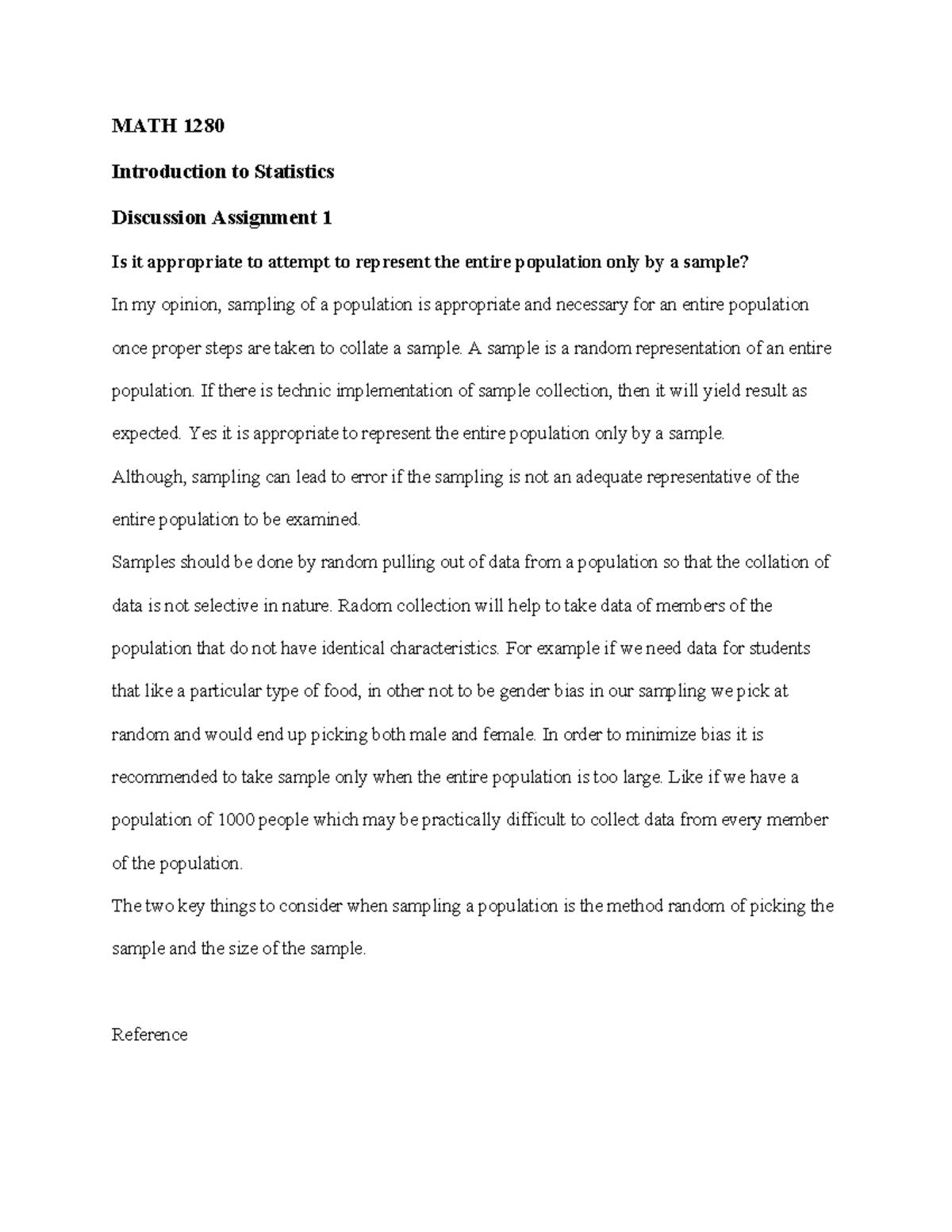 MATH 1280 Discussion 1 - MATH 1280 Introduction to Statistics ...