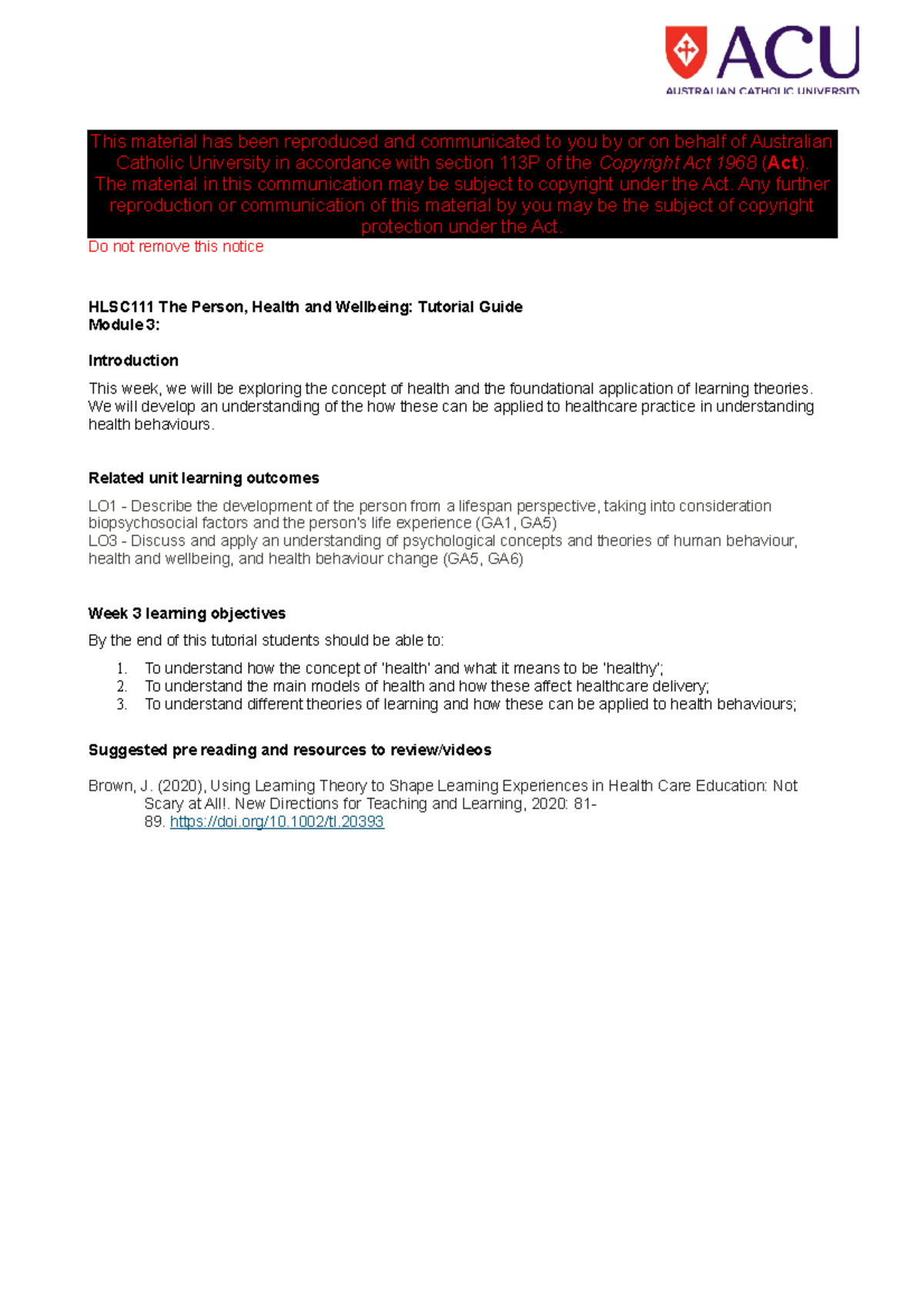 HLSC111 Tutorial Guide Module 3 - Student Copy - This material has been reproduced and ...